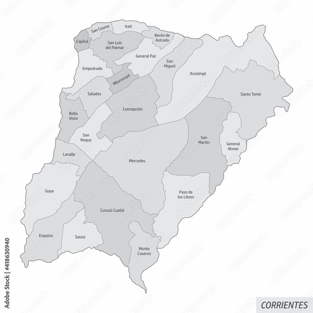 The Corrientes province isolated map divided in departments with labels ...