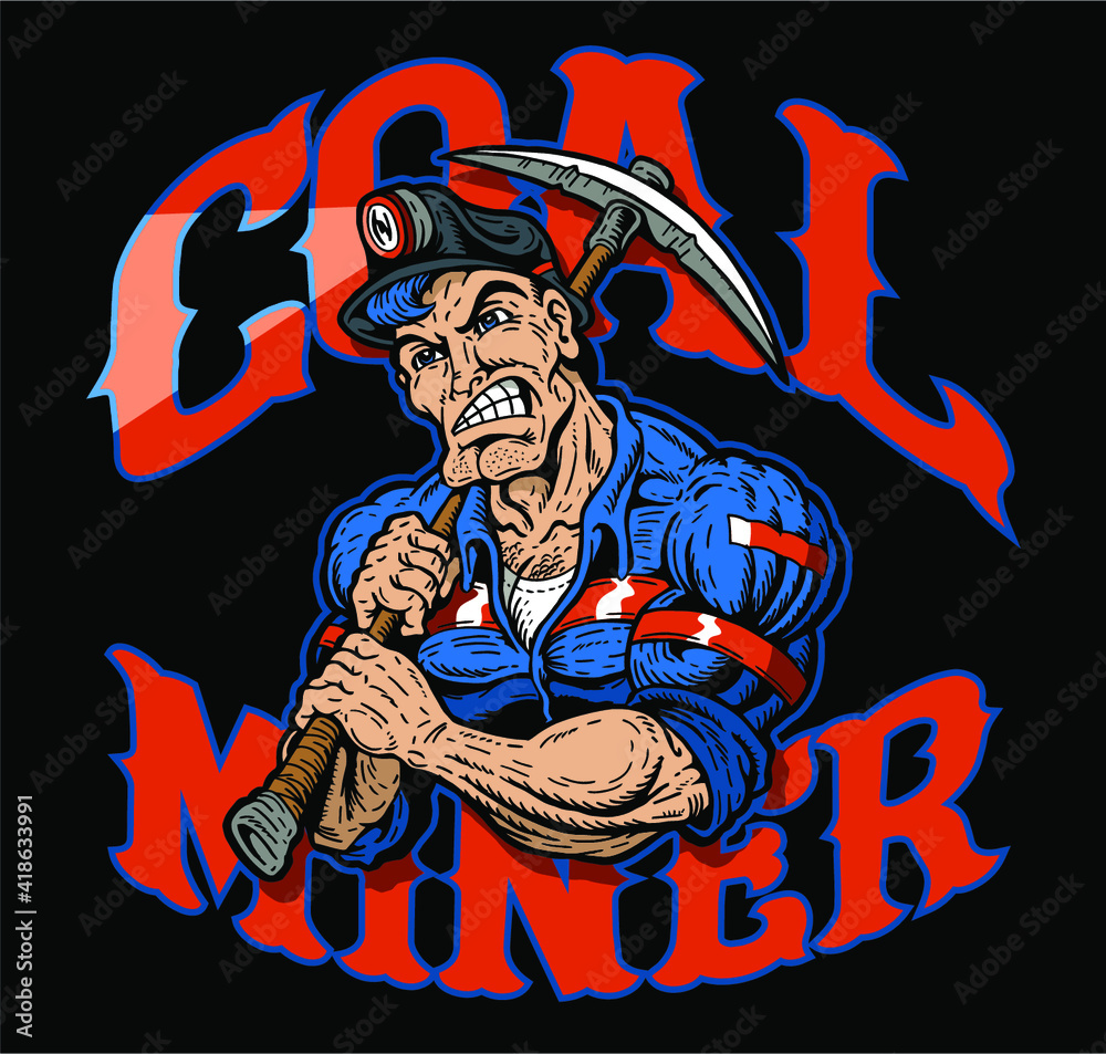 muscular coal miner design with pick ax and stripes on his coveralls ...