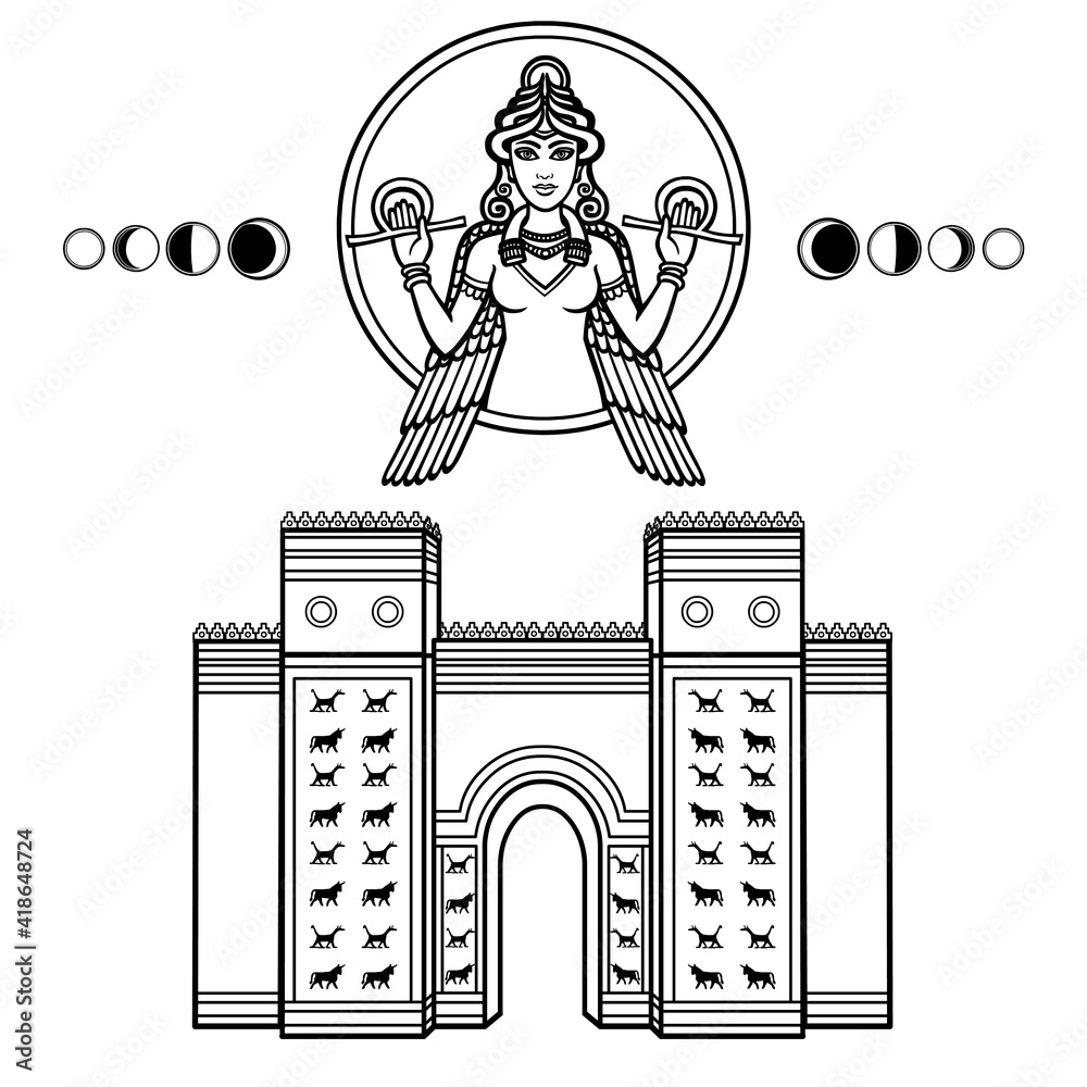 Vecteur Stock Cartoon linear drawing: Ishtar Gate. Ancient sacred ...