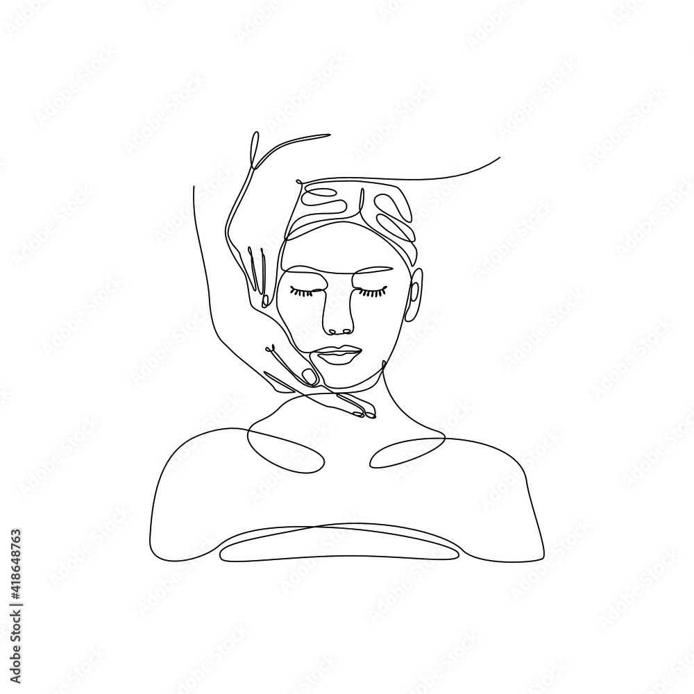 Continuous line drawing of two hands doing massage for beautiful woman vector illustration ...