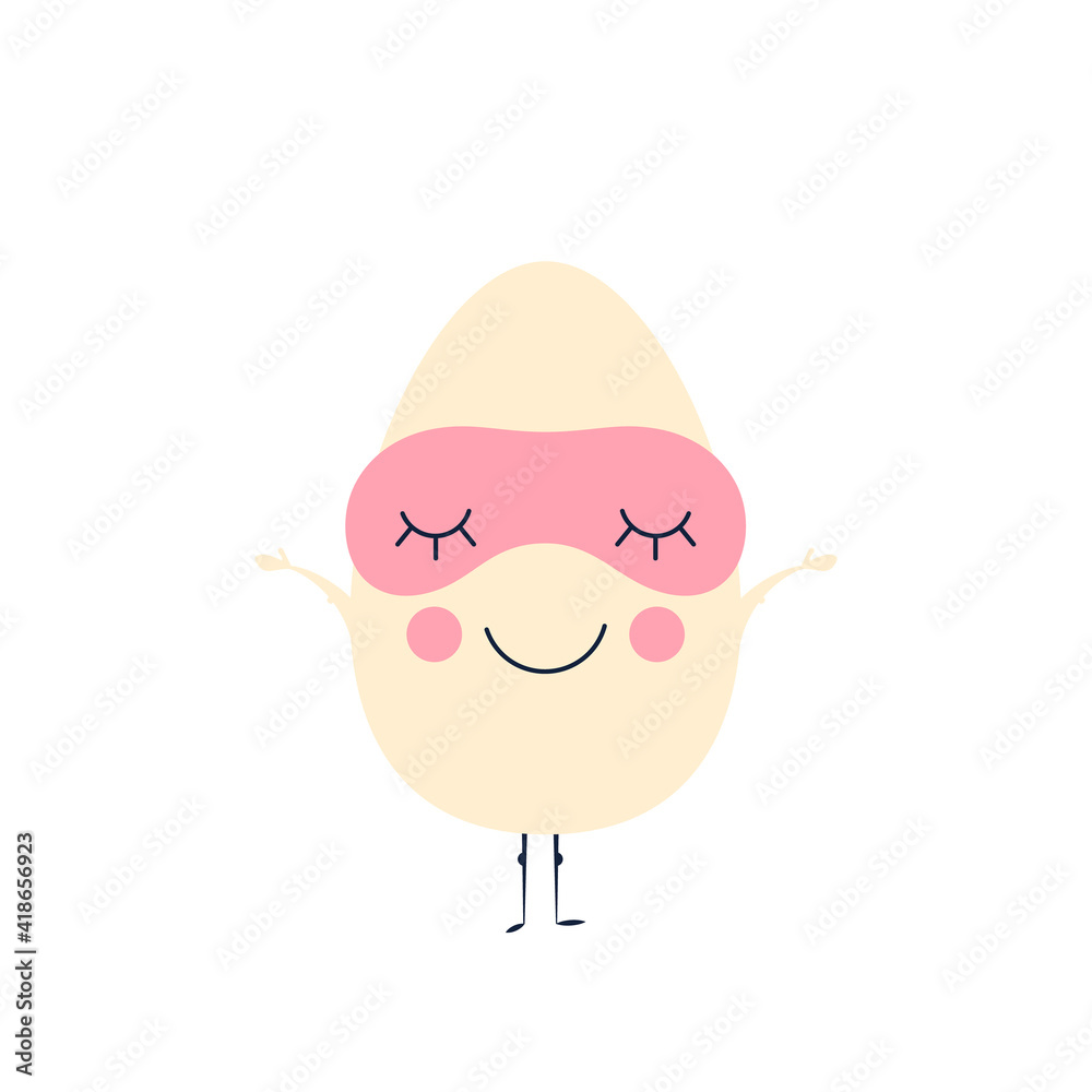 Cute happy chicken egg with sleep mask. Eggs for breakfast. Vector flat ...