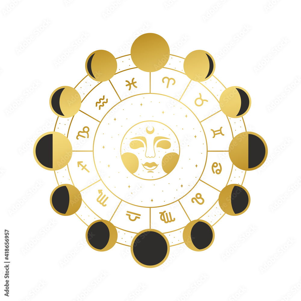 Vector illustration of moon phases circle with zodiac signs. Gold ...