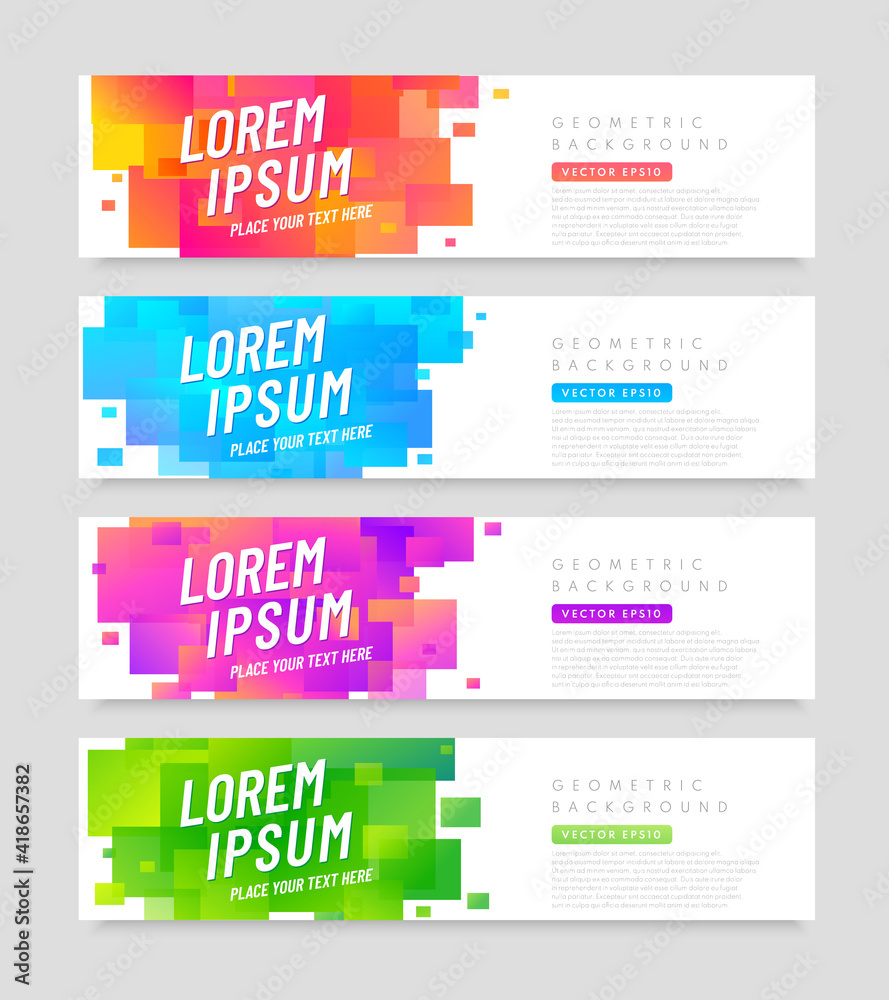 Set of horizontal white banners with dynamic overlap colorful square ...