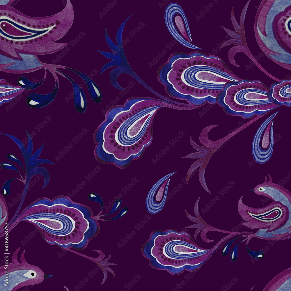Pattern of magic purple birds with Turkish cucumbers on a purple ...