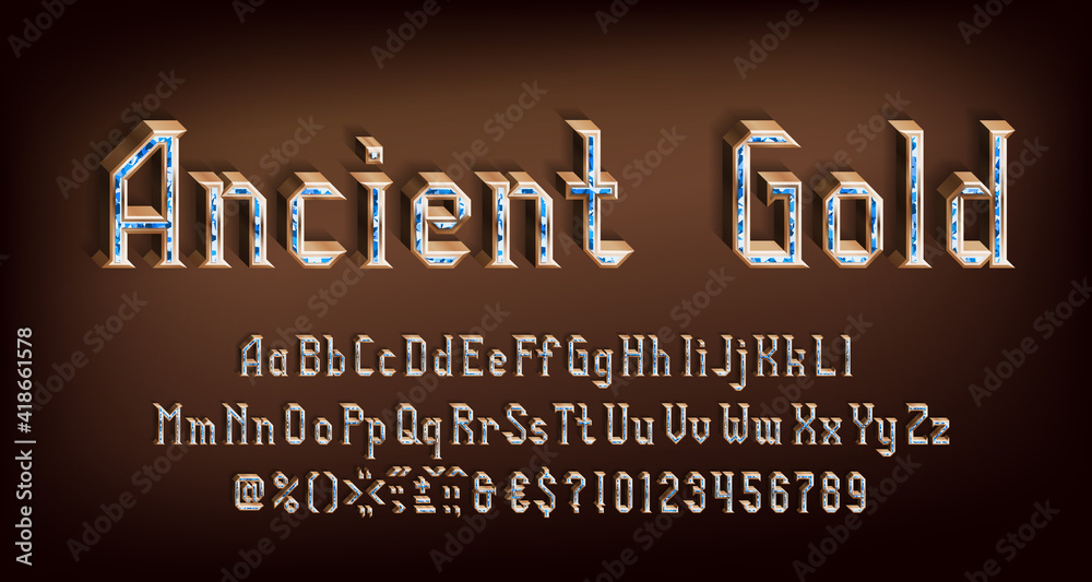 Ancient Gold alphabet font. 3D golden letters, numbers and symbols with ...
