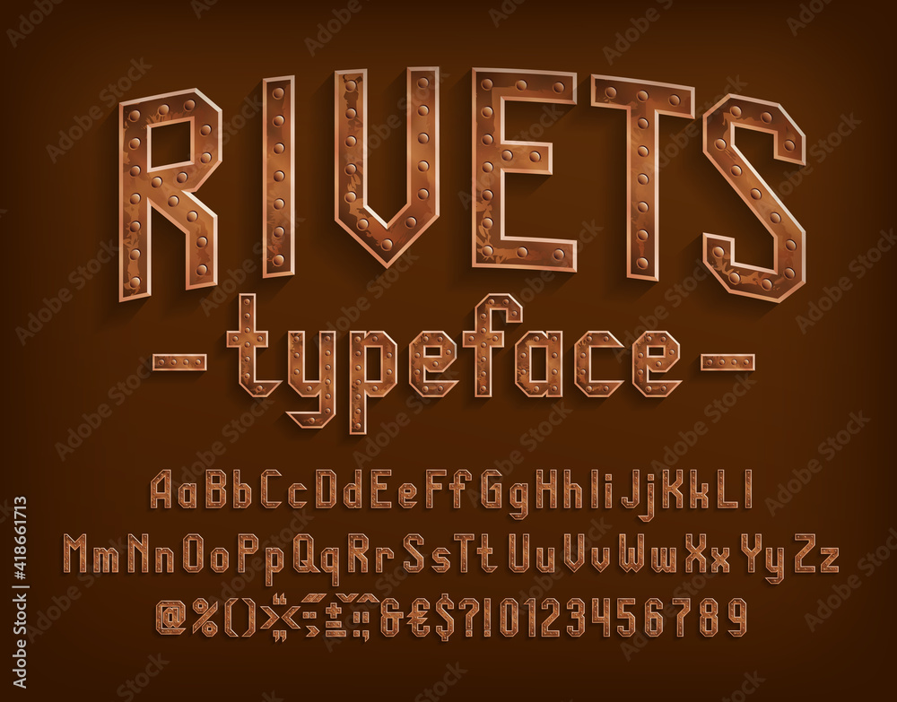 Rivets alphabet font. Steampunk letters, numbers and punctuation ...