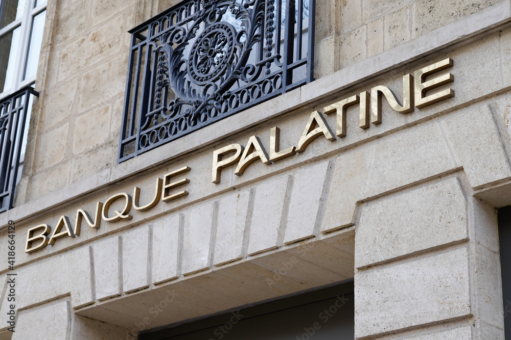 Banque Palatine logo textand brand sign of French agency bank office ...