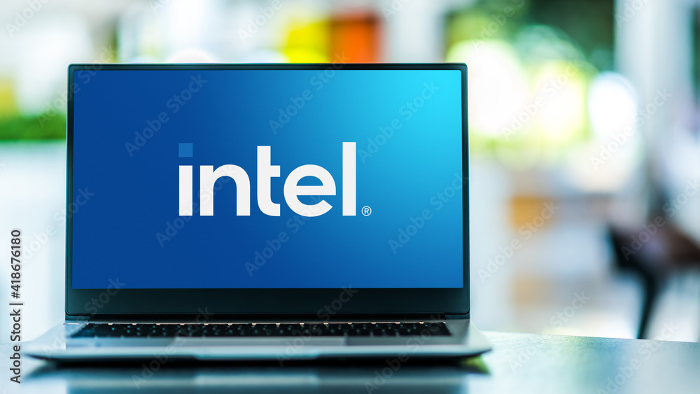 Laptop computer displaying logo of Intel Stock Photo | Adobe Stock