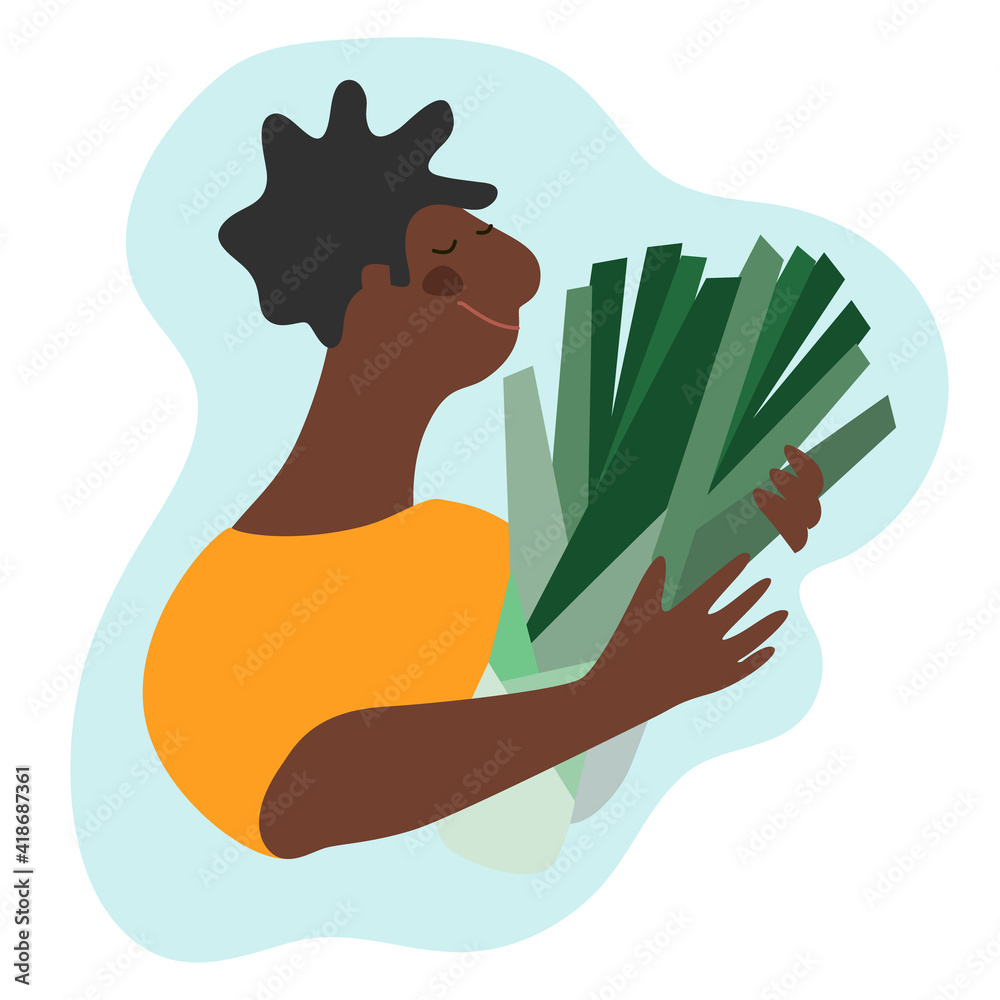 Funny happy man holding leek. Humorous vector illustration in trendy ...