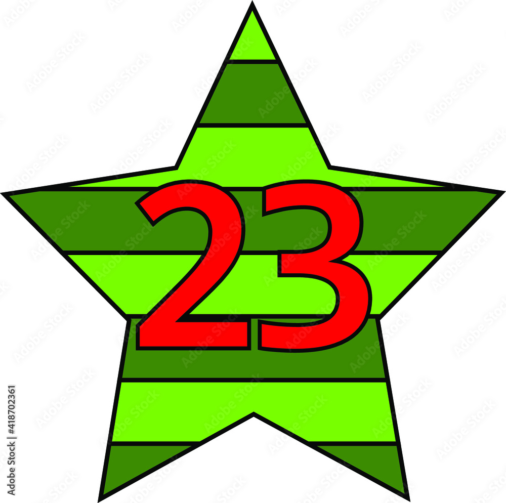 Festive February star with numbers 23 in light green and dark green ...