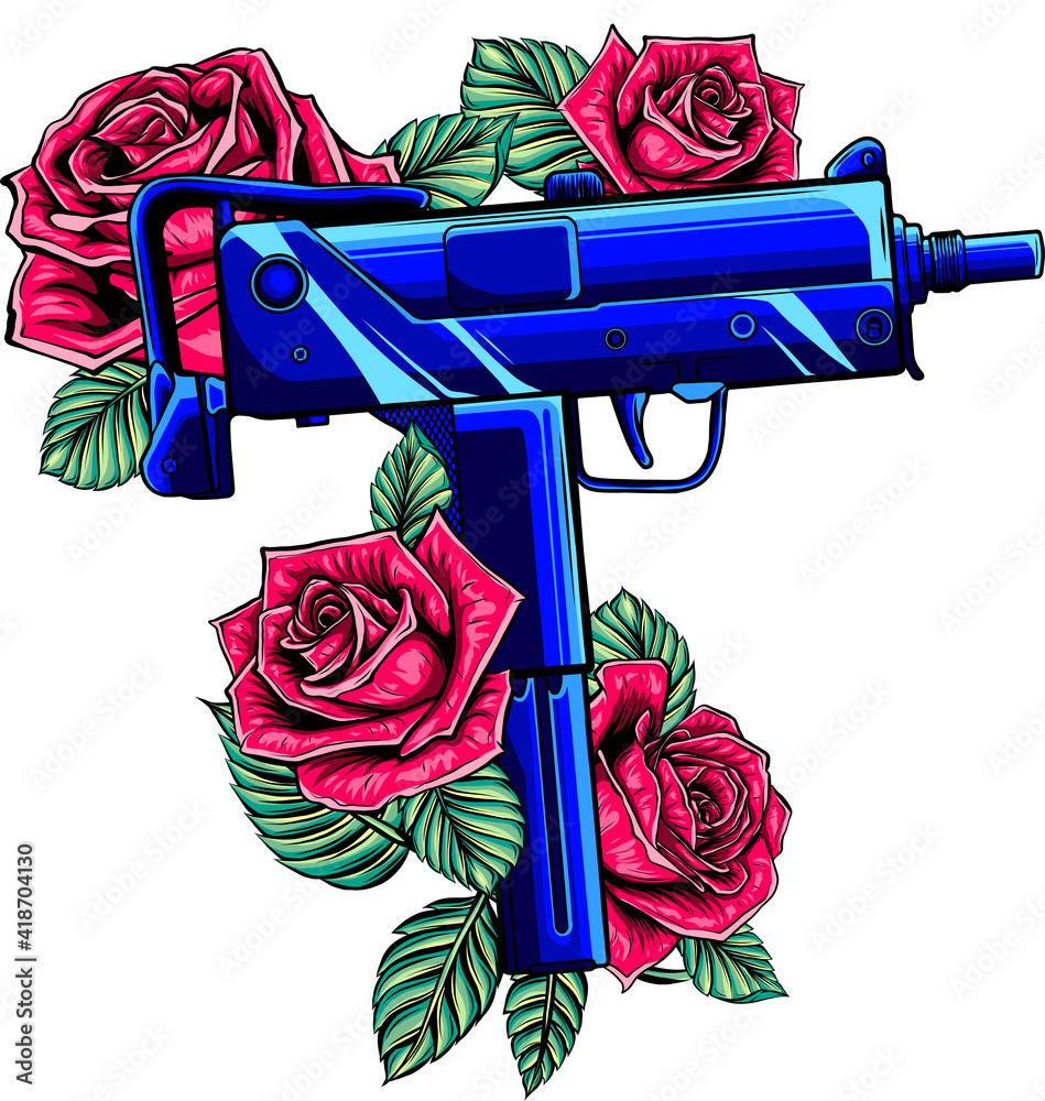 blue weapont Uzi with pink roses vector illustration Stock Vector ...