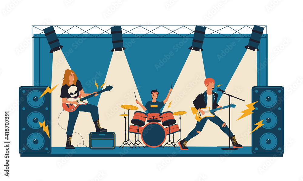 Rock concert. Metal band playing live music on stage illuminated by ...