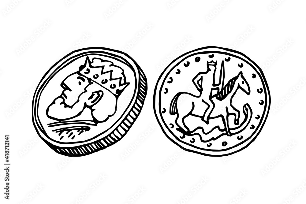 Vecteur Stock medieval ancient coin with king profile, obverse and ...