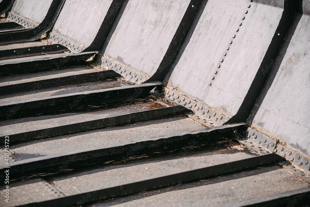 old metal river barge, riveted construction, museum piece, canal boat ...