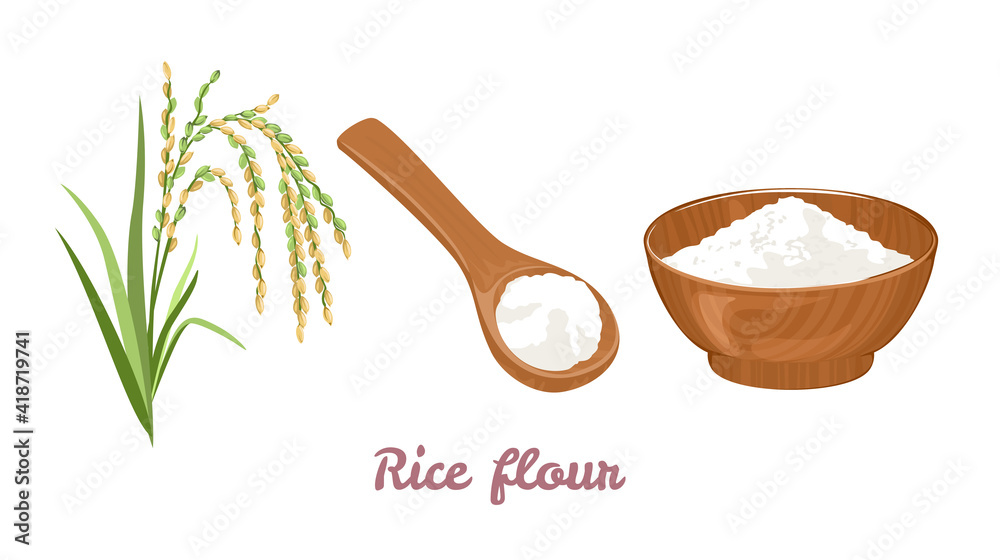Rice flour in wooden bowl and spoon isolated on white background ...