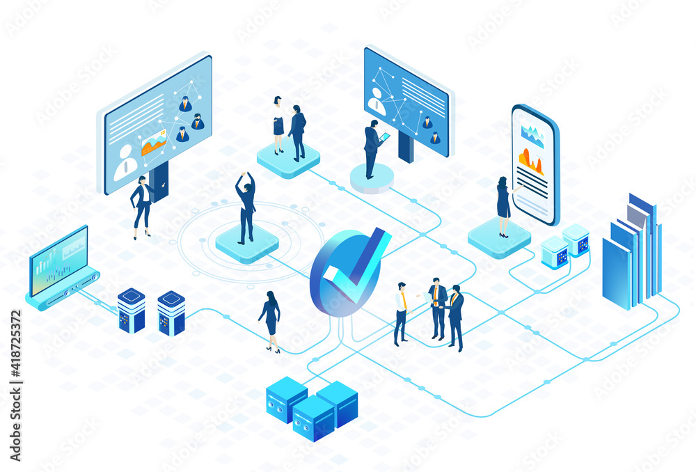 Isometric 3D business concept environment, Business people working in ...