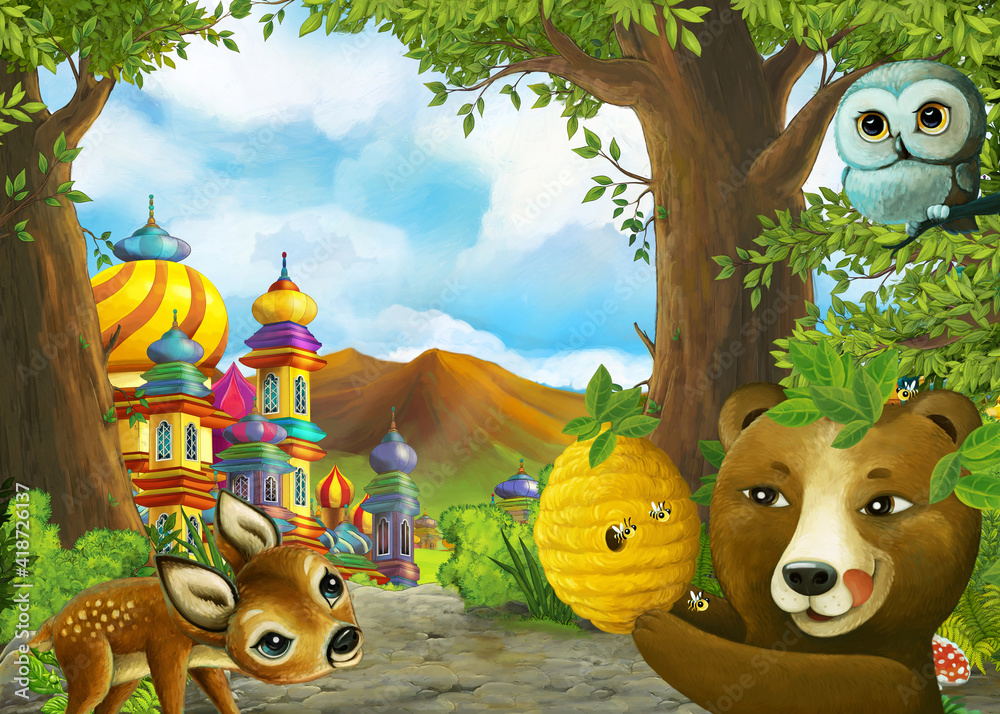 Cartoon nature scene near the forest with a path and animals ...