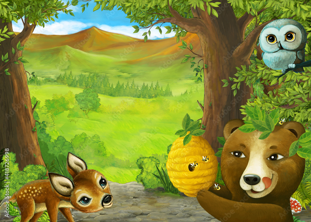 Cartoon nature scene near the forest with a path and animals ...