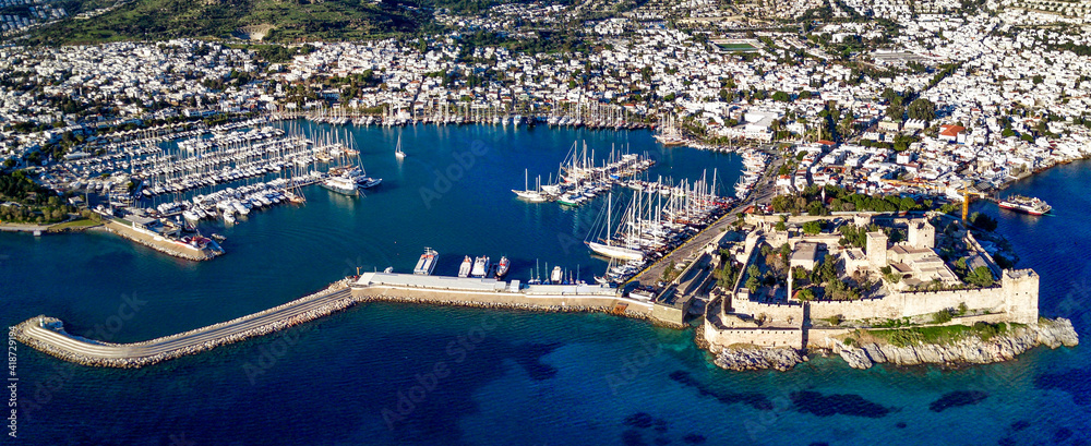 Amazing panoramic view from drone of Bodrum harbour and ancient Kalesi ...