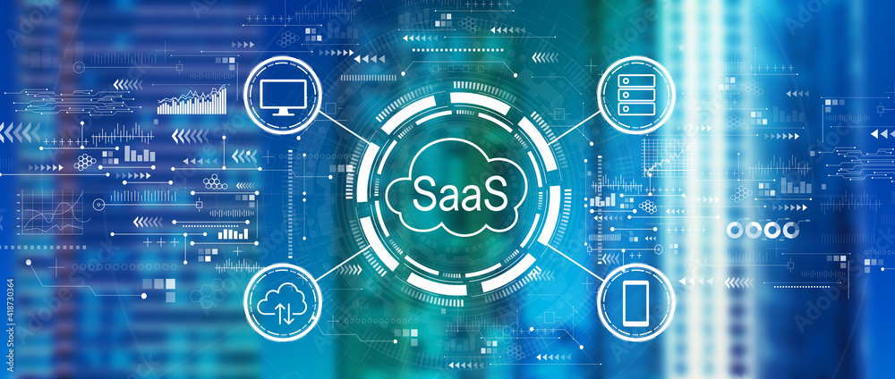 SaaS - software as a service concept with downtown skyline buildings ...