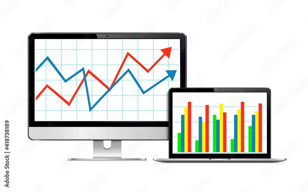 Realistic modern monoblock computer and laptop with graph on screen ...