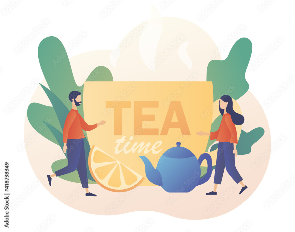 Tea time concept. Tiny people drinking tea. Hot drinks party. Big cup ...