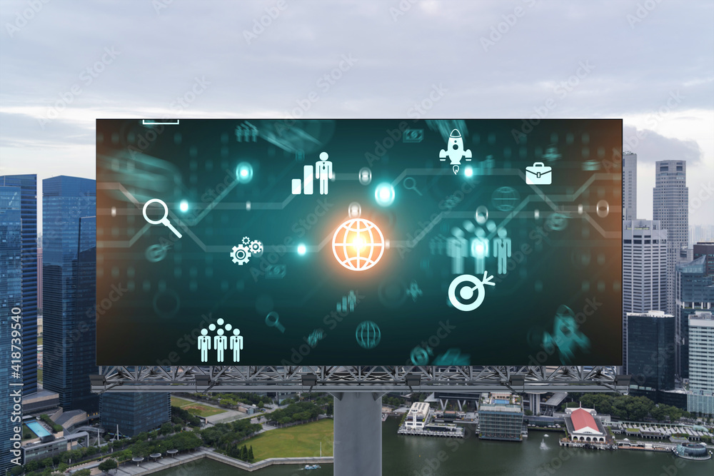 Research and development hologram on billboard over panorama city view ...