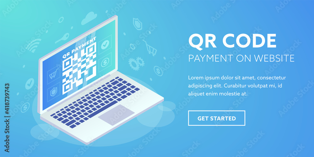 QR code payment on website banner. 3d Scan barcode on laptop screen ...