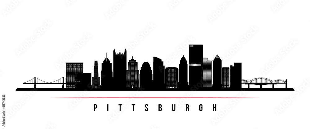 Pittsburgh skyline horizontal banner. Black and white silhouette of ...