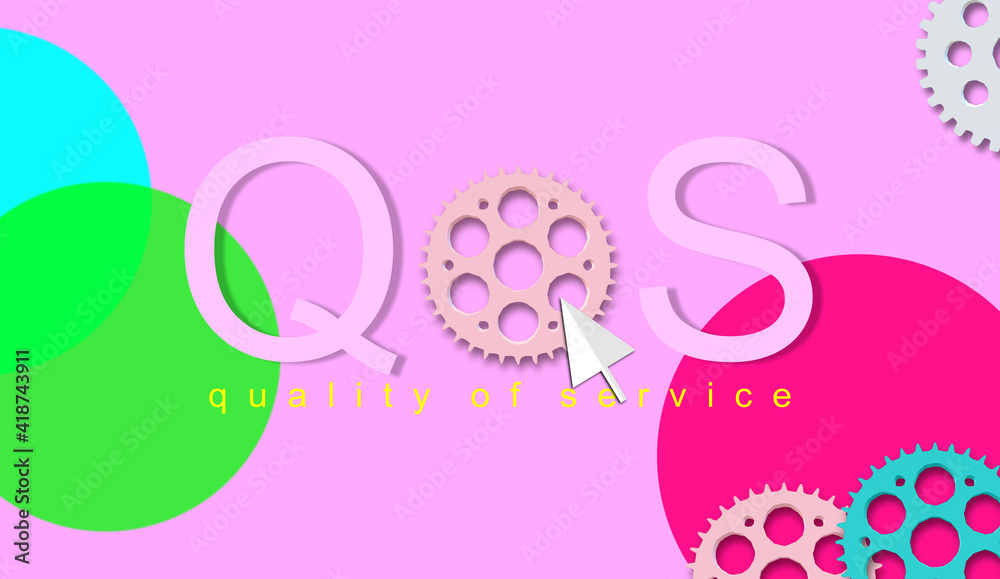 QoS 3D illustration, Quality of Service, quantitative measurement and prioritization. Gear ...