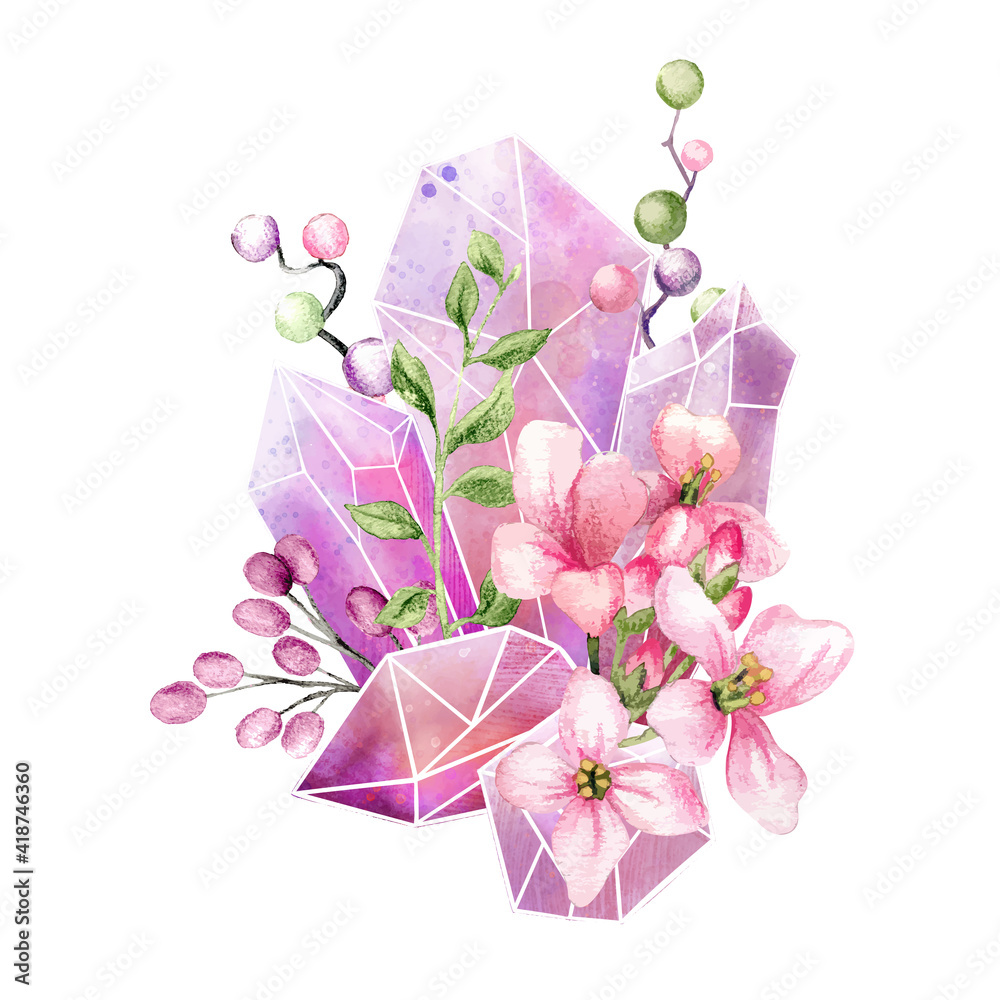 Crystal gems with flowers, full color decorative art Stock Vector ...