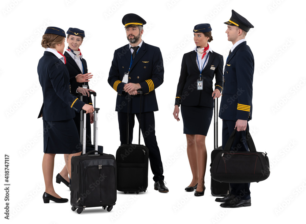 Flight crew consisting of pilots and flight attendants with travel bags ...