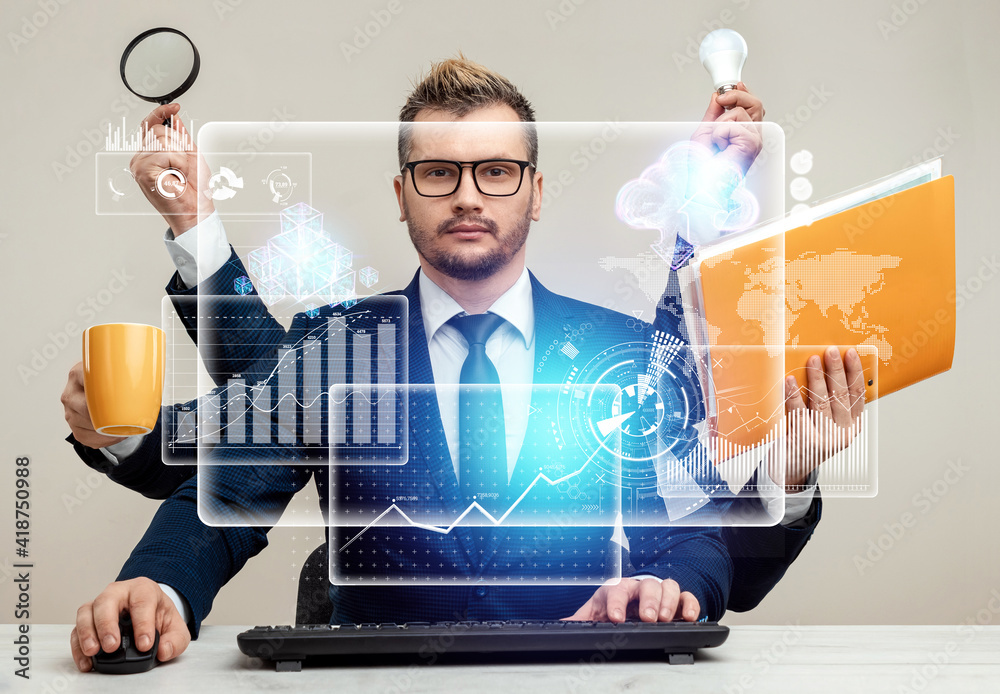 Businessman with many hands in a suit. Works simultaneously with ...