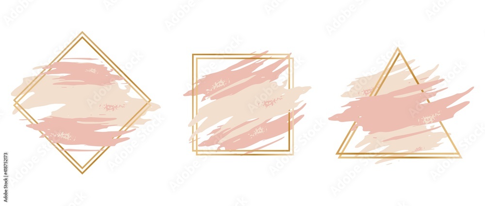 Set of pink brush strokes in a gold frame in the form of a triangle ...