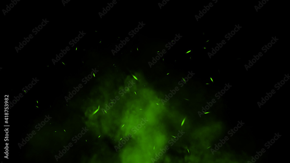 Perfect green fire particles embers sparks on isolated black background ...