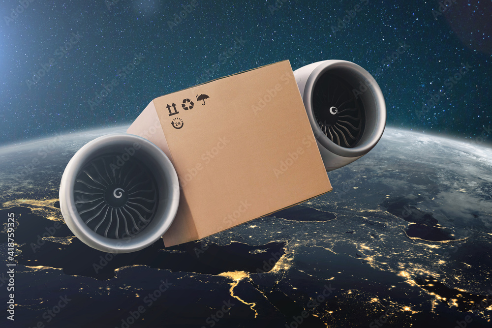 Flying on turbines cardboard box. Super fast express delivery concept ...