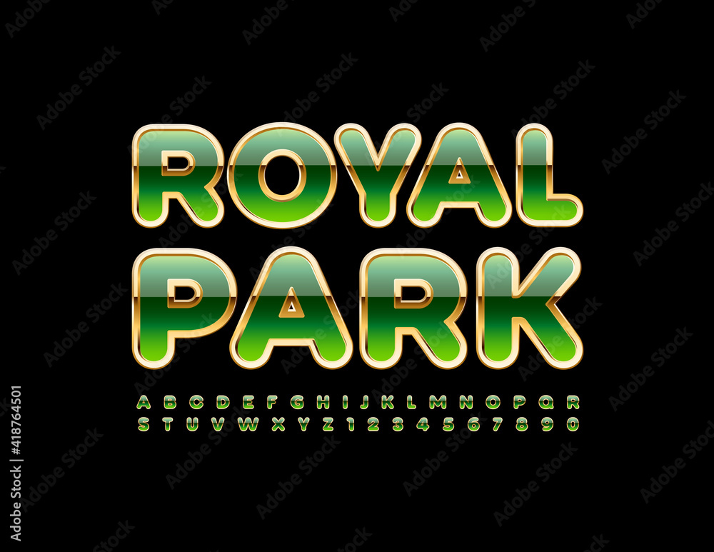 Vector creative emblem Royal Park. Green and Gold luxury Font. Glossy ...