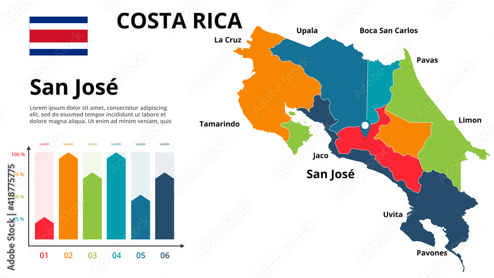 Costa Rica map. Image of a global map in the form of regions of Costa ...