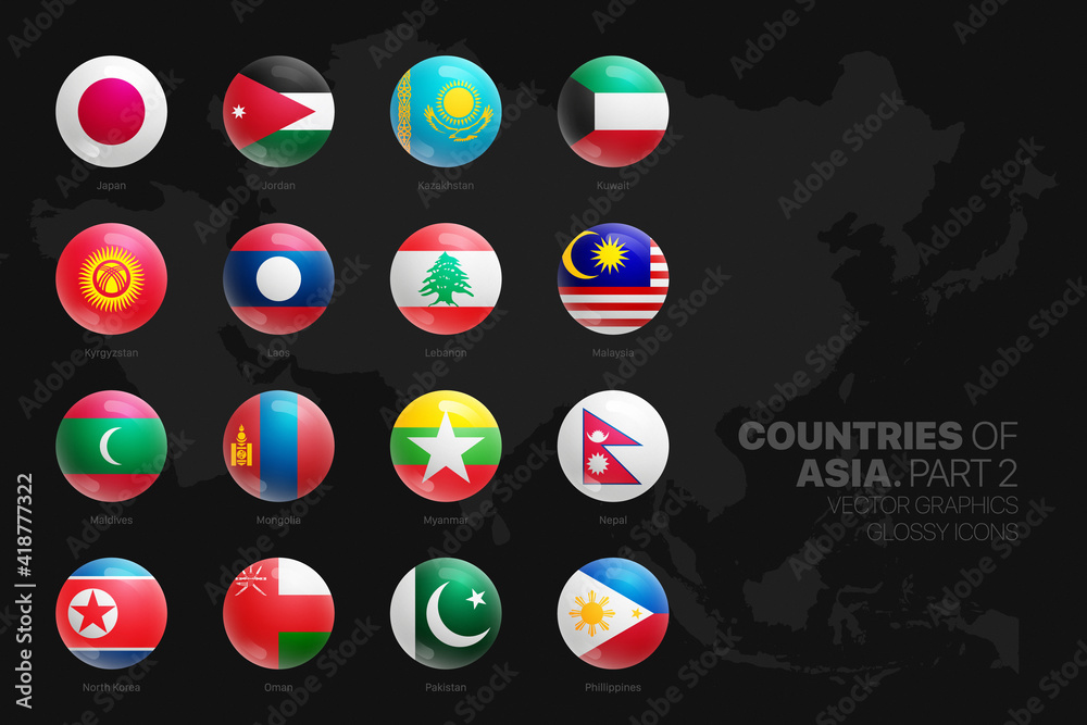 Asian Countries Flags Vector 3D Glossy Round Icons Set Isolated On ...