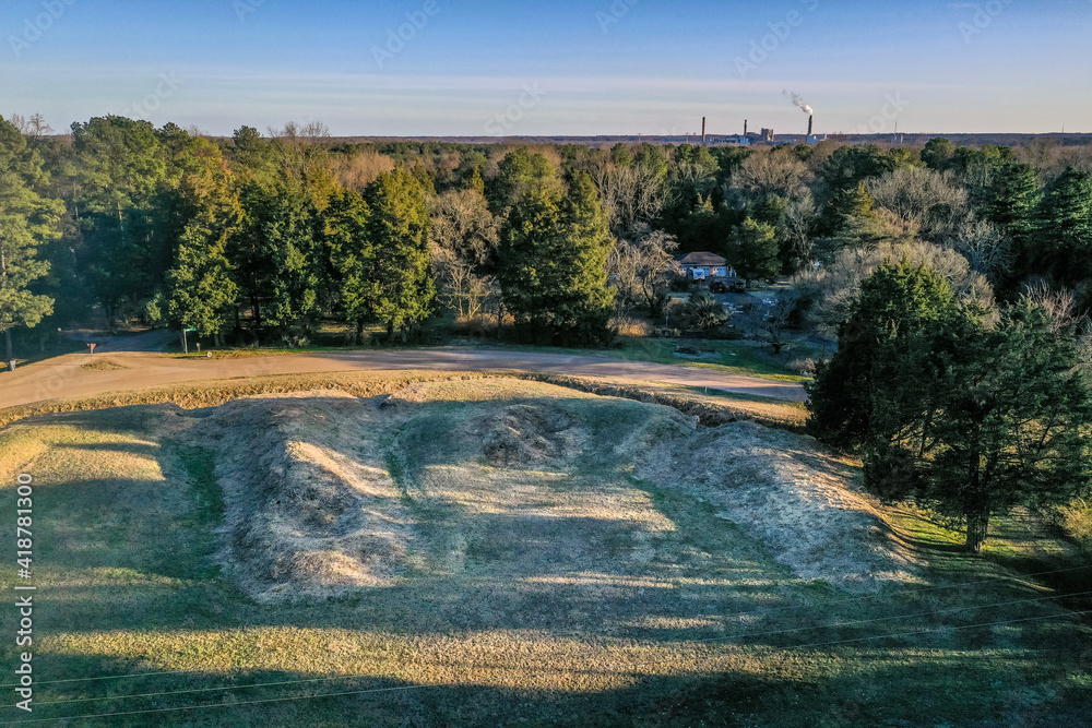 Aerial view of Fort Hoke confederate earthwork for cannons with ditch ...