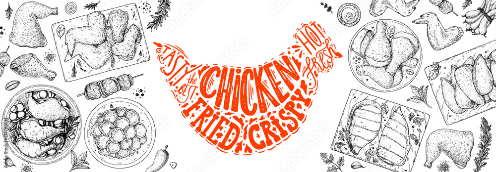 Chicken dinner. Grilled and Fried chicken. Hand drawn sketch ...
