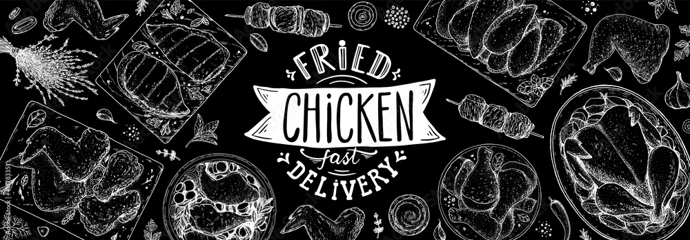 Chicken dinner. Grilled and Fried chicken. Hand drawn sketch ...