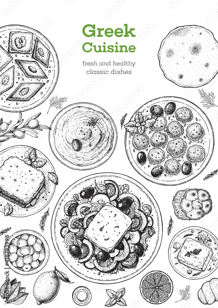 Greek cuisine top view frame. Set of greek dishes with greek salad ...
