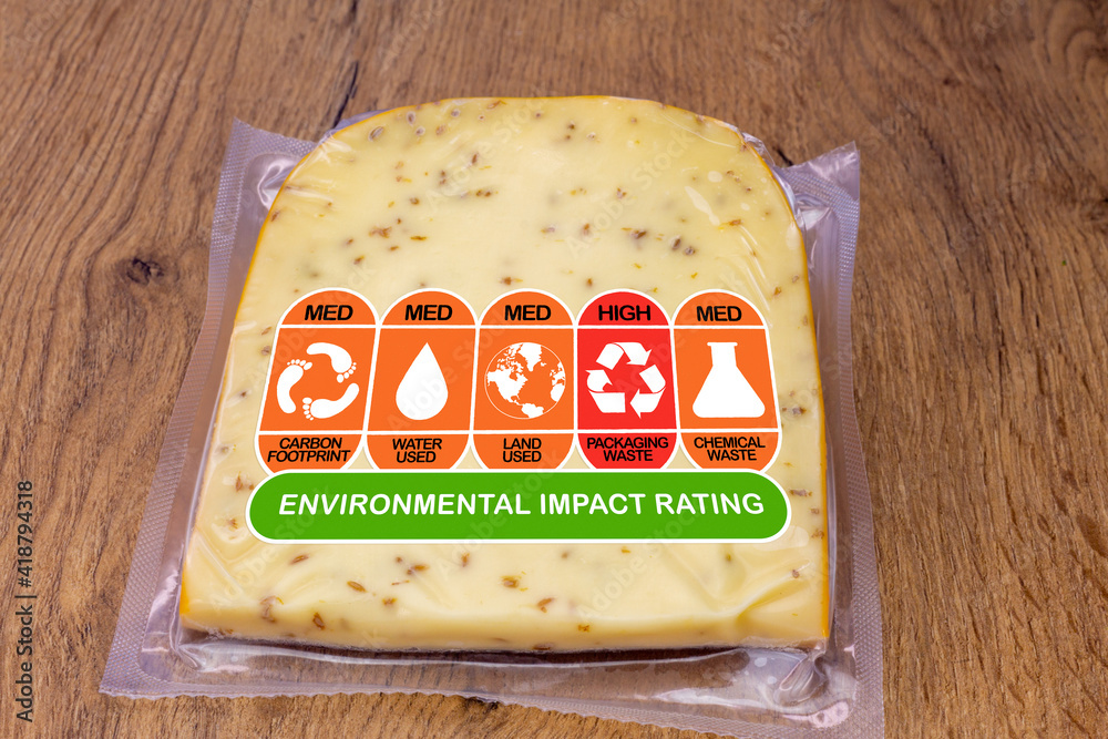 Environmental Impact Rating on packet of cheese with high, med and low ...