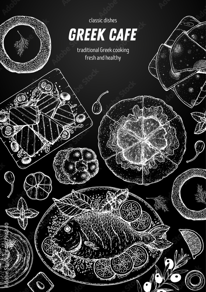 Greek cuisine top view frame. A set of greek dishes with halloumi ...