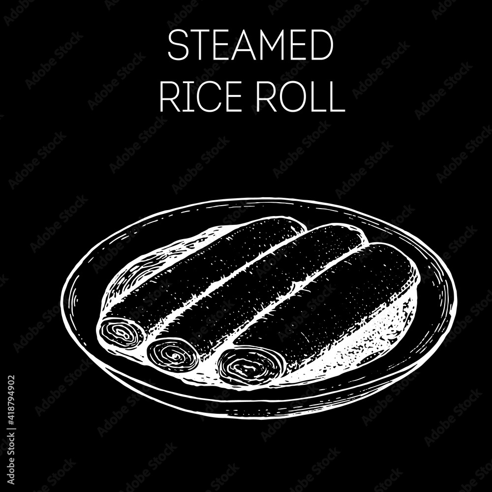Steamed rice roll. Hong kong street food. Vintage hand drawn sketch ...