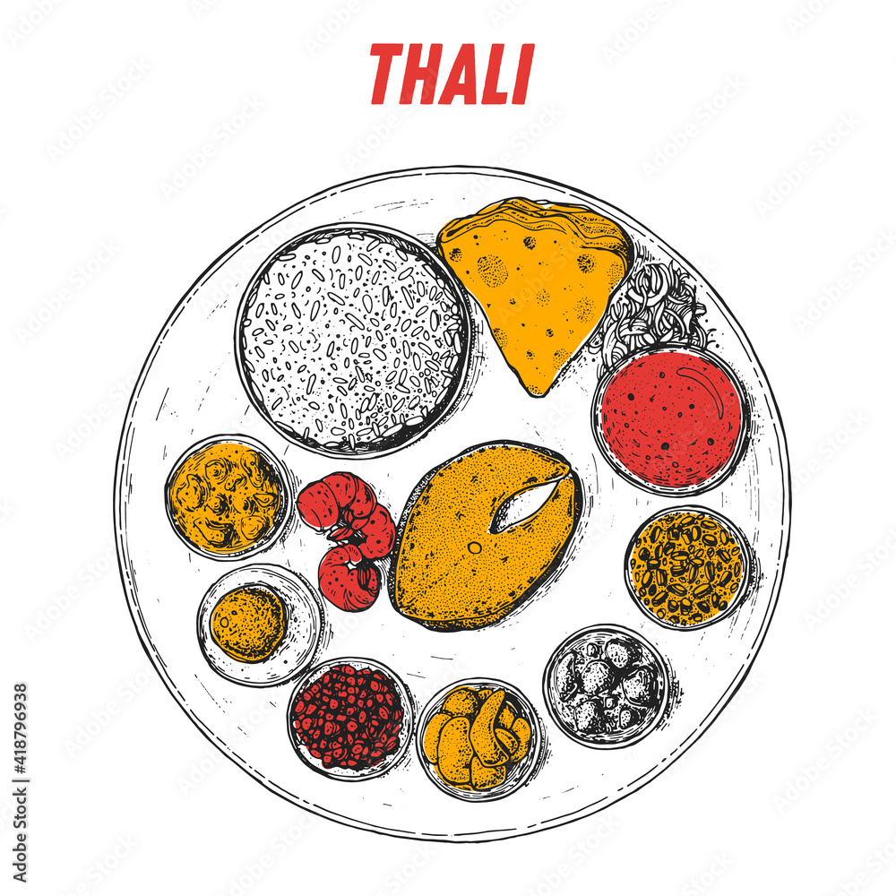 Indian thali sketch, Indian food. Hand drawn vector illustration ...