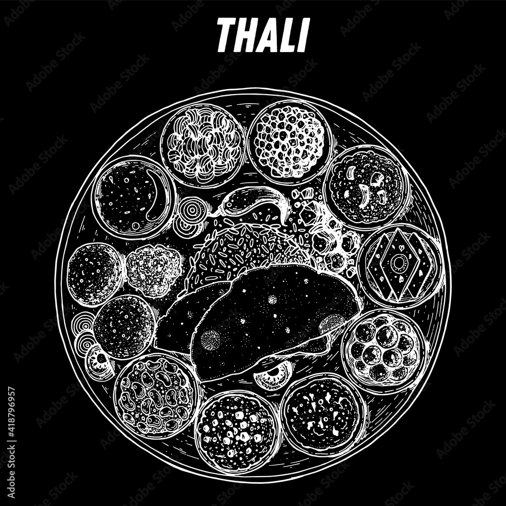 Indian thali sketch, Indian food. Hand drawn vector illustration ...