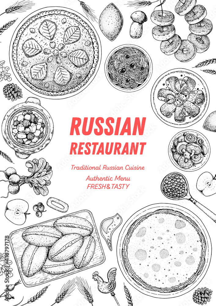 Russian cuisine top view frame. Food menu design elements. Traditional ...