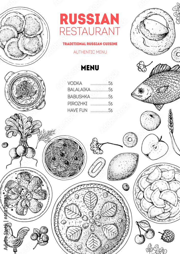 Russian cuisine top view frame. Food menu design elements. Traditional ...